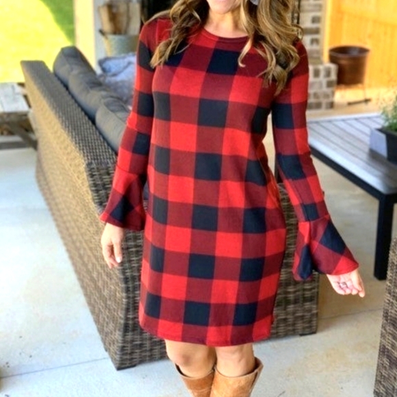 Acting Pro | Dresses | Buffalo Plaid Ruffle Bell Sleeve Dress | Poshmark